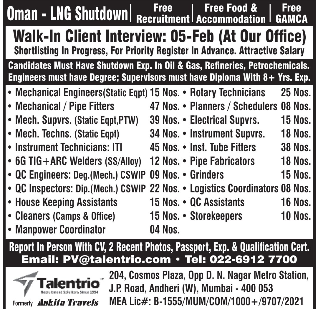 Free Recruitment Oman: LNG Shutdown Jobs By Talentrio Recruitment ...