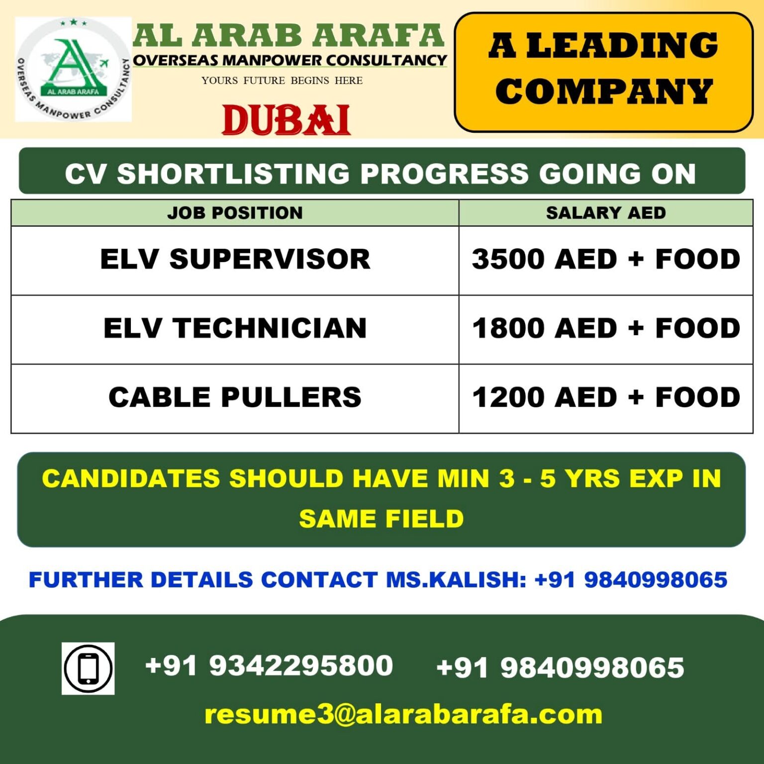 Dubai ELV Jobs – Urgent Hiring At Al Arab Arafa - Gulf Job List