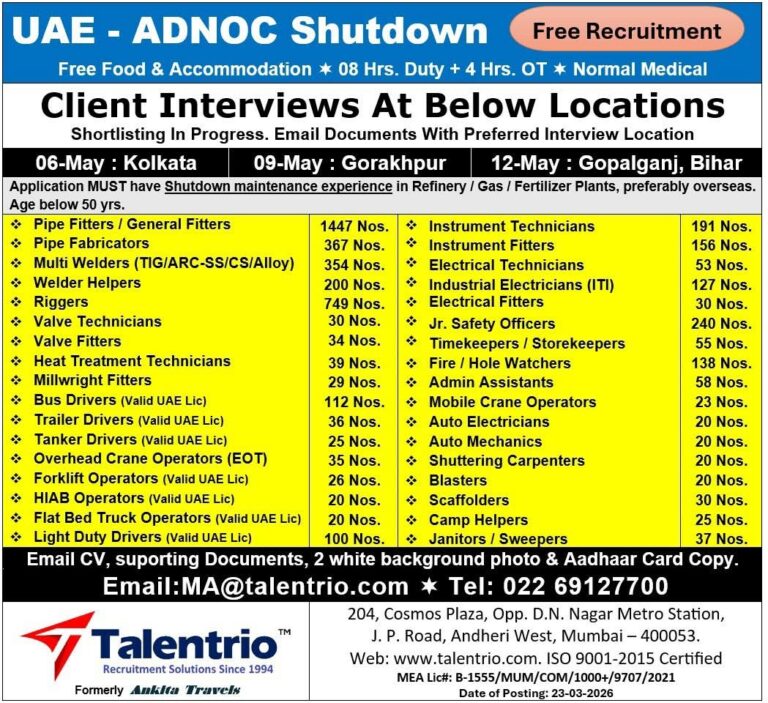 UAE ADNOC Shutdown Jobs – Urgent Hiring At Talentrio - Gulf Job List